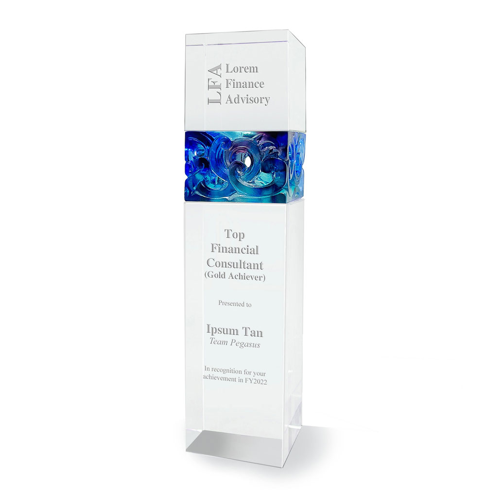 Blue Tidal Pillar Liuli Crystal Trophy | Origin Associates Singapore